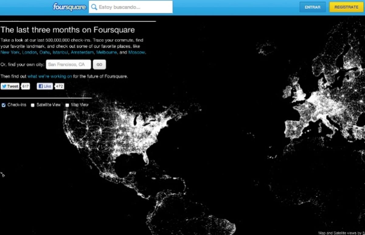 Quinientos millones de checkins de Foursquare, en un mapa