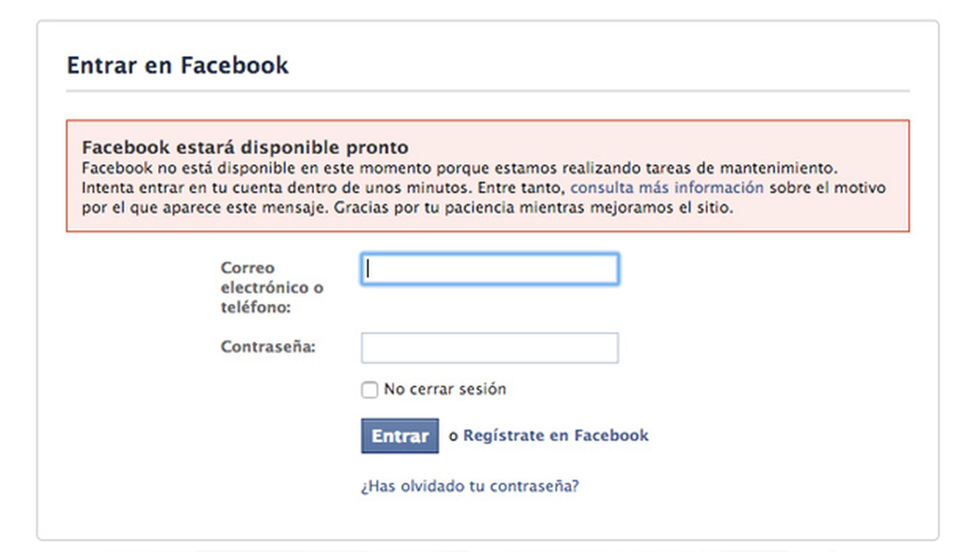 Facebook no funciona: Tareas de mantenimiento, disponible pronto