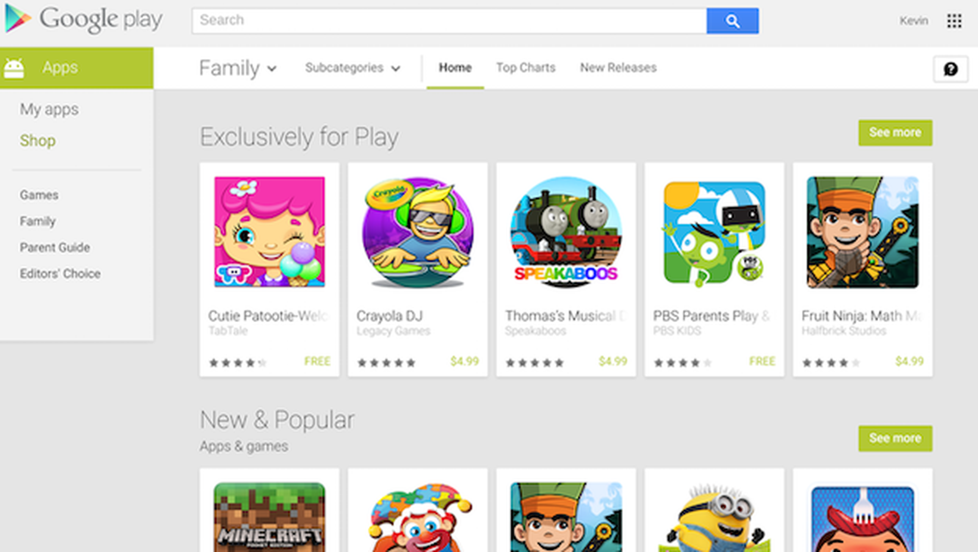 Google introduce sección para Familia en la Play Store online