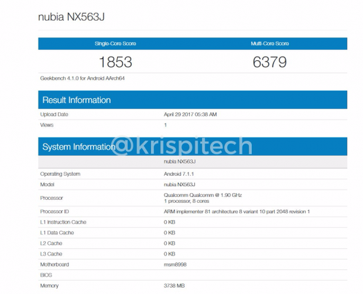 El Nubia Z17 aparece en Geekbench con snapdragon 835 y 4GB de RAM