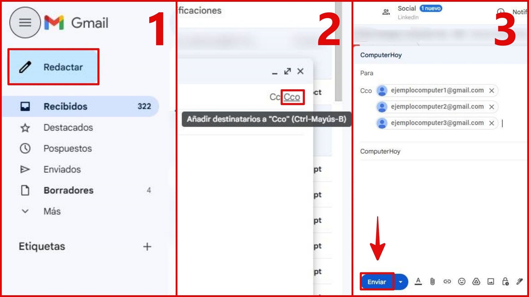 Cómo enviar un correo electrónico a varios destinatarios individuales en Gmail